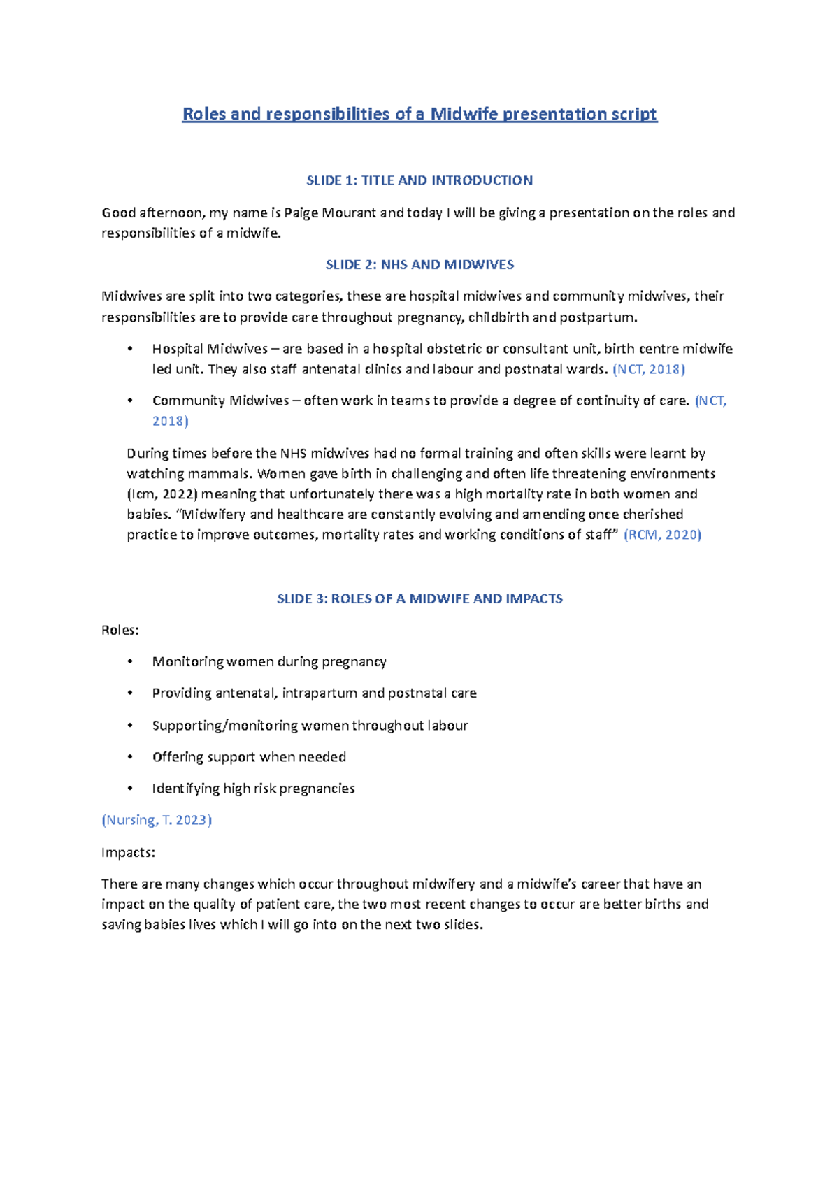 Midwifery Roles and Responsibilities: Presentation Script for Nursing ...