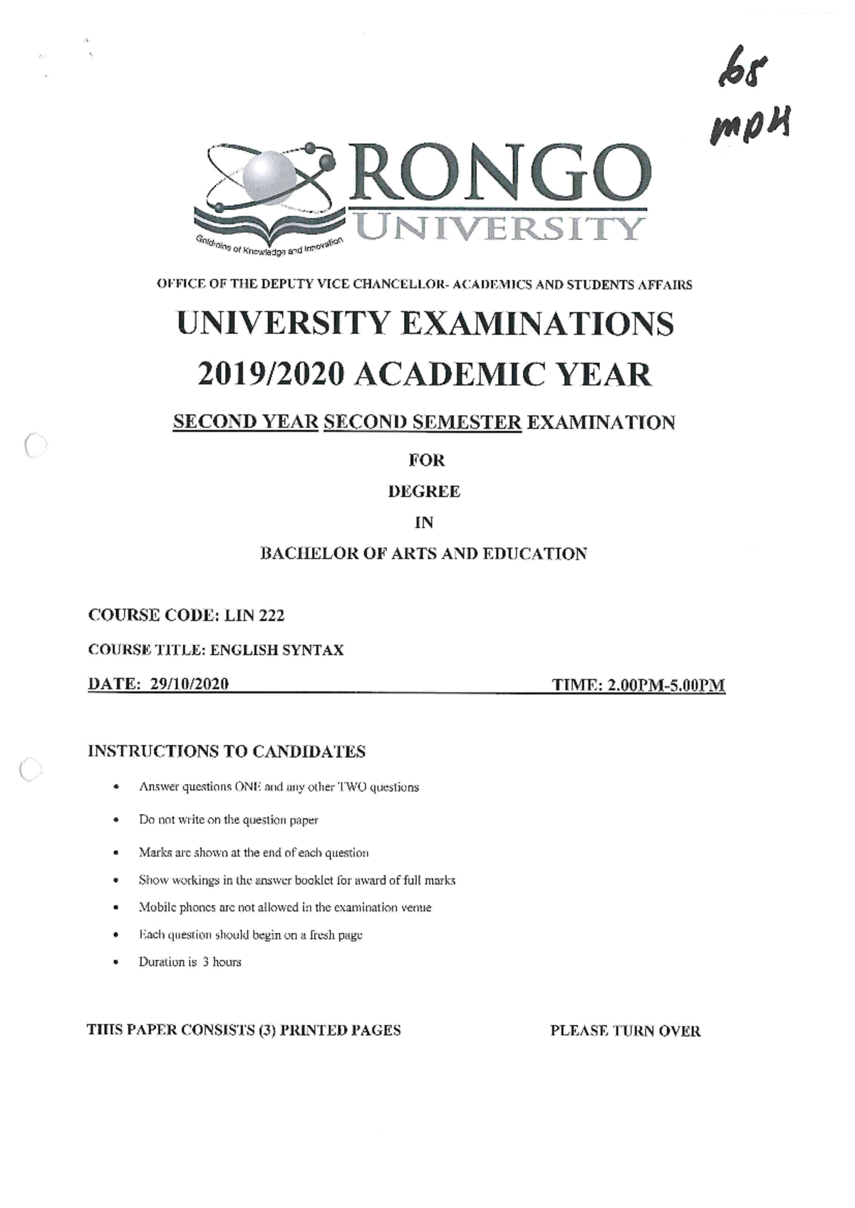 LIN 222&221 English Syntax & Morphology - 65 MPH RONGO UNIVERSITY ...