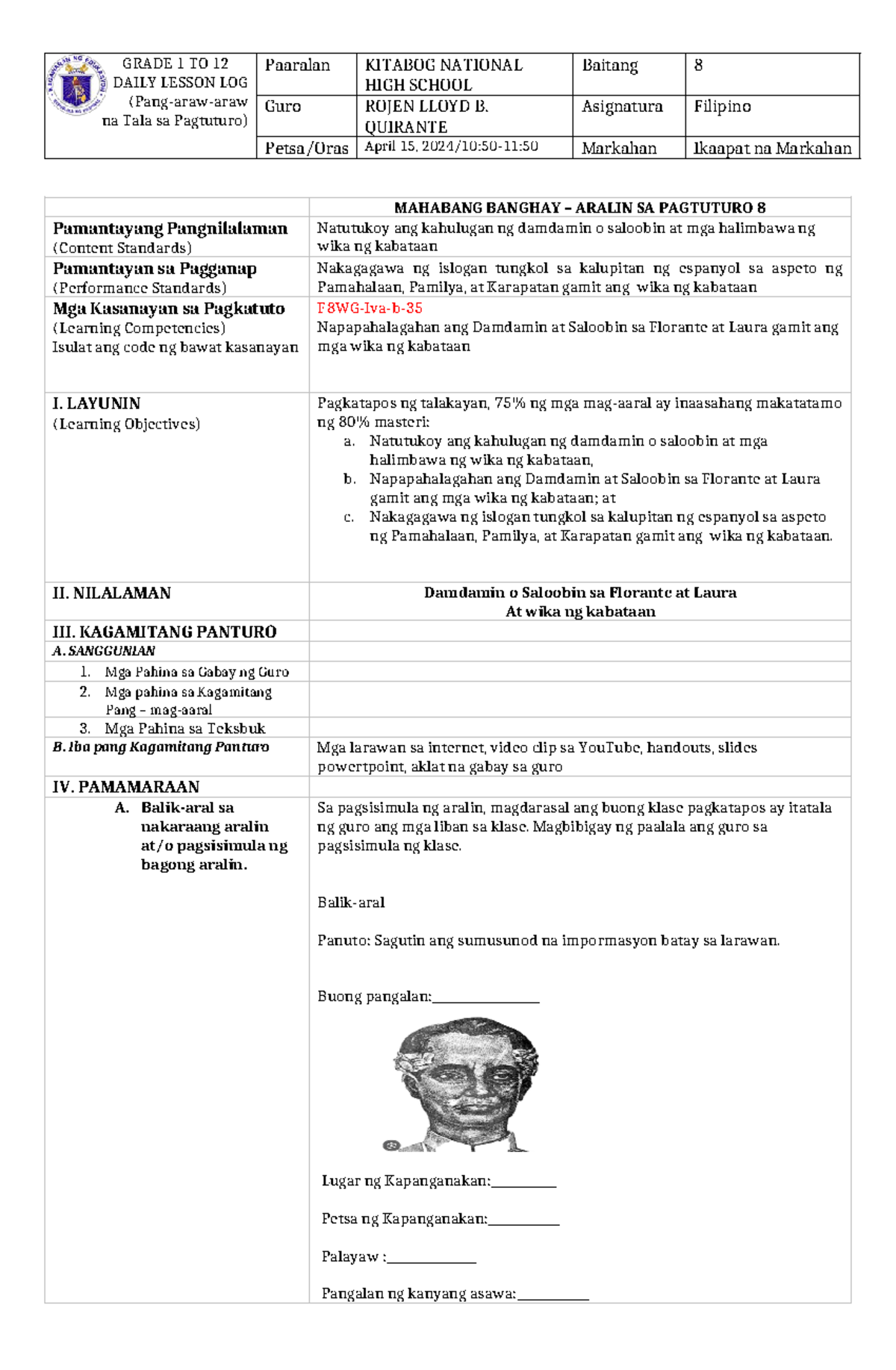 Lesson Plan for Grade 8: Florante at Laura with Youth Language - Studocu