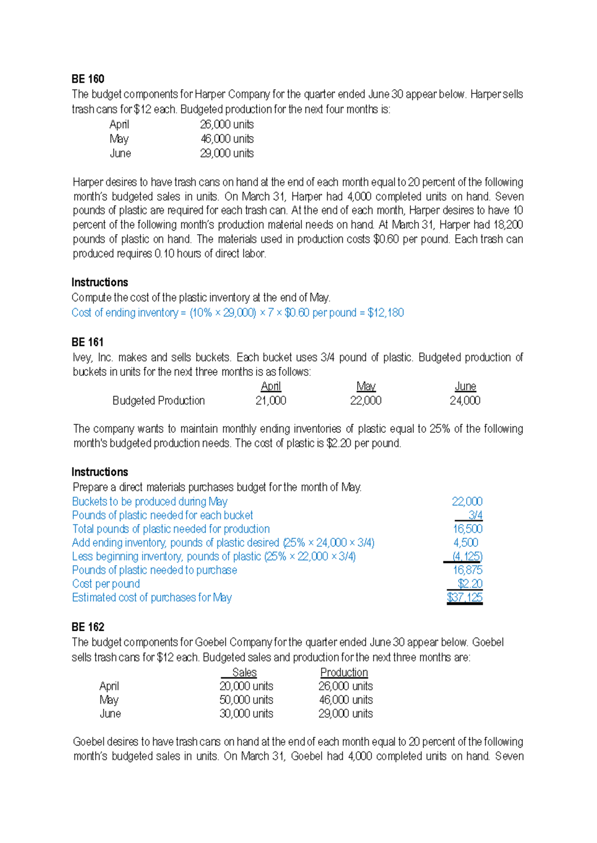 ACC705 BE 160-168 Budgeting and Cash Flow Analysis Solutions - Studocu
