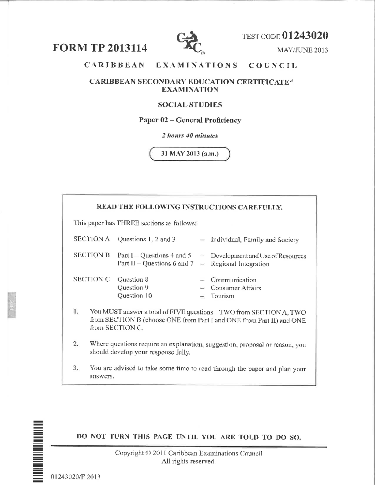 June 2013 p2 - Social past paper - CSEC Social Studies - Studocu