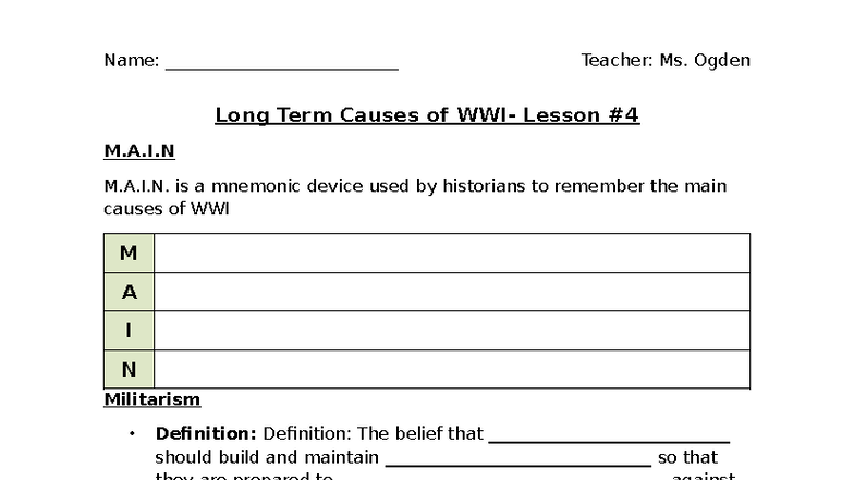 Long Term Causes of WWI - Lesson #4 Notes (M.A.I.N) - Studocu