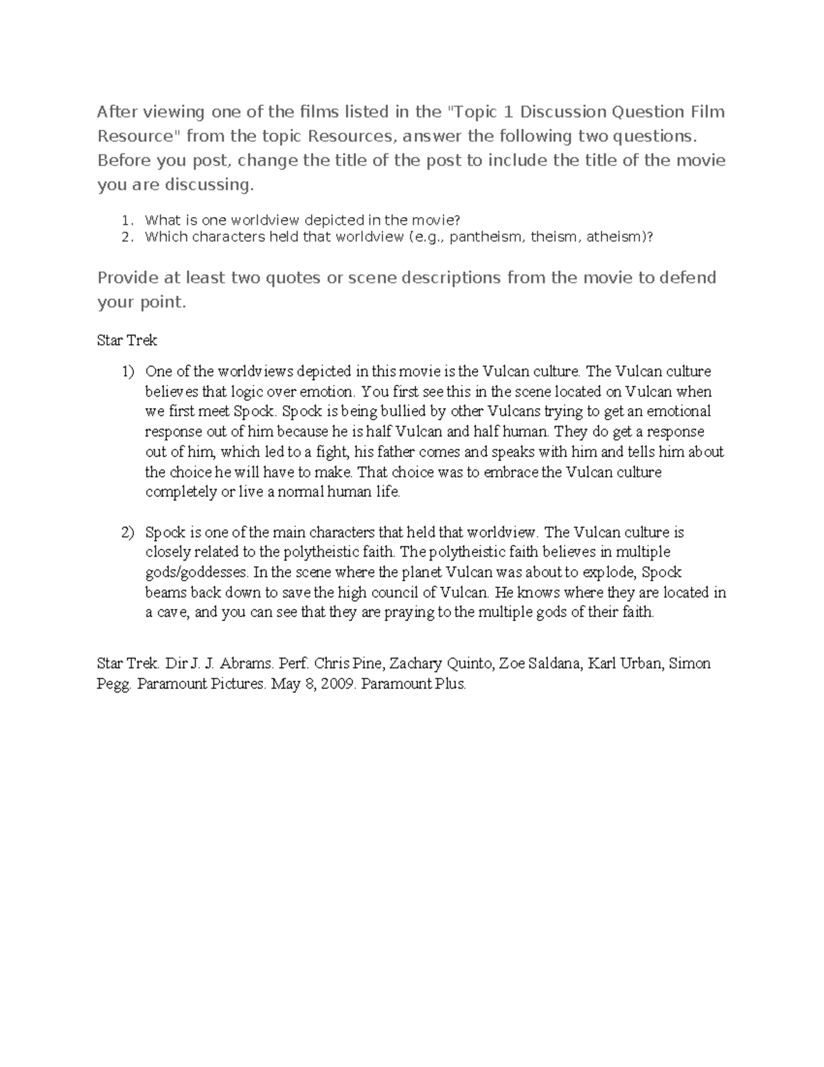 Star Trek: Exploring Worldviews in Vulcan Culture - Topic 1 DQ 2 - Studocu