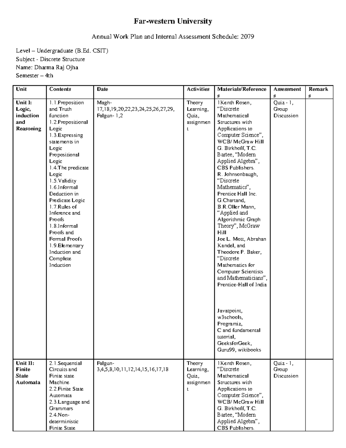 Discrete Structure Course Plan & Assessment Schedule (B.Ed. CSIT) - Studocu