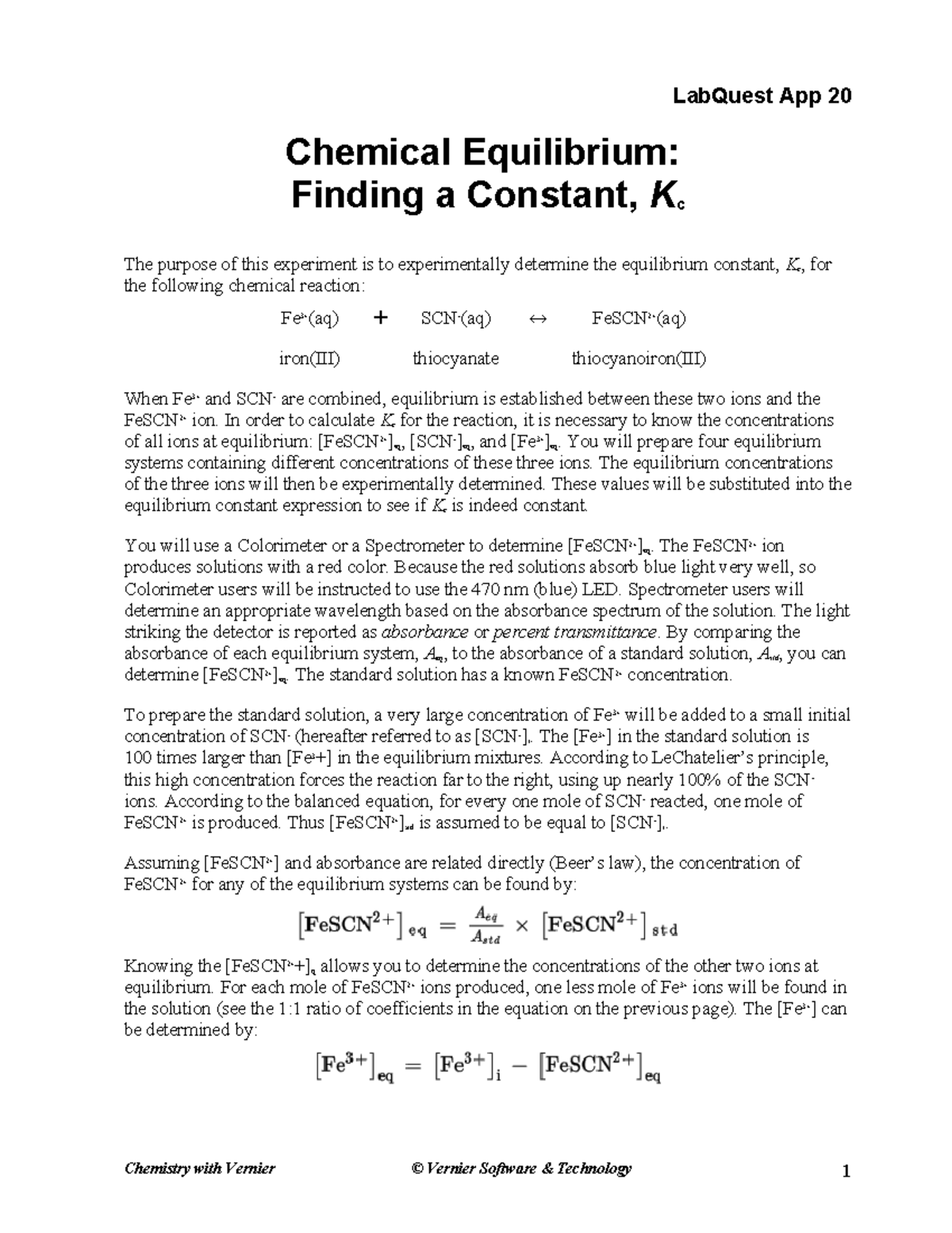 Chemical Equilibrium Lab: Determining Kc for Fe3+ + SCN– Reaction - Studocu