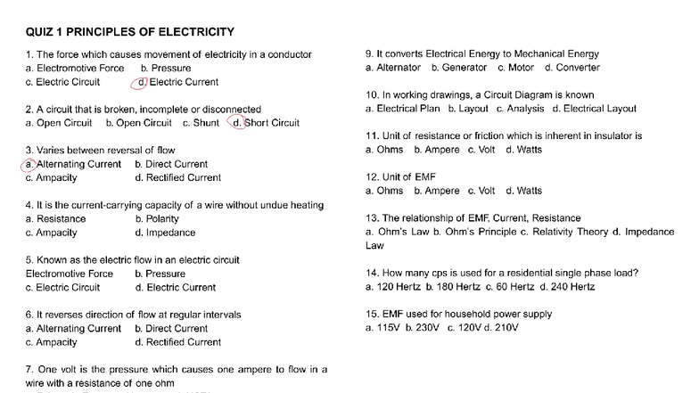 QUIZ 1-3 PRINCIPLES OF ELECTRICITY & SYSTEM COMPONENTS - Studocu
