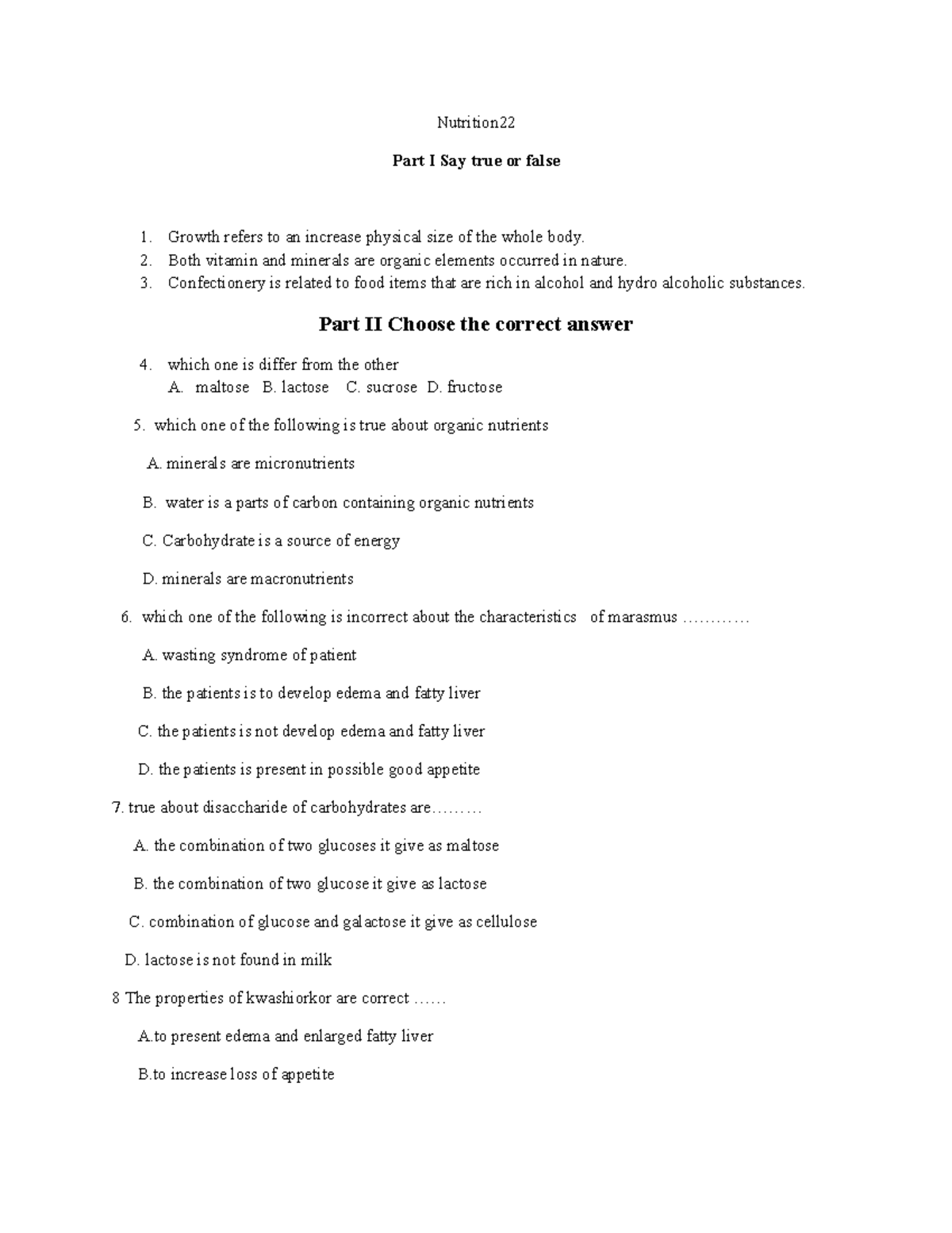 Nutrition22 Quiz: True/False & Multiple Choice Questions on Nutrients ...