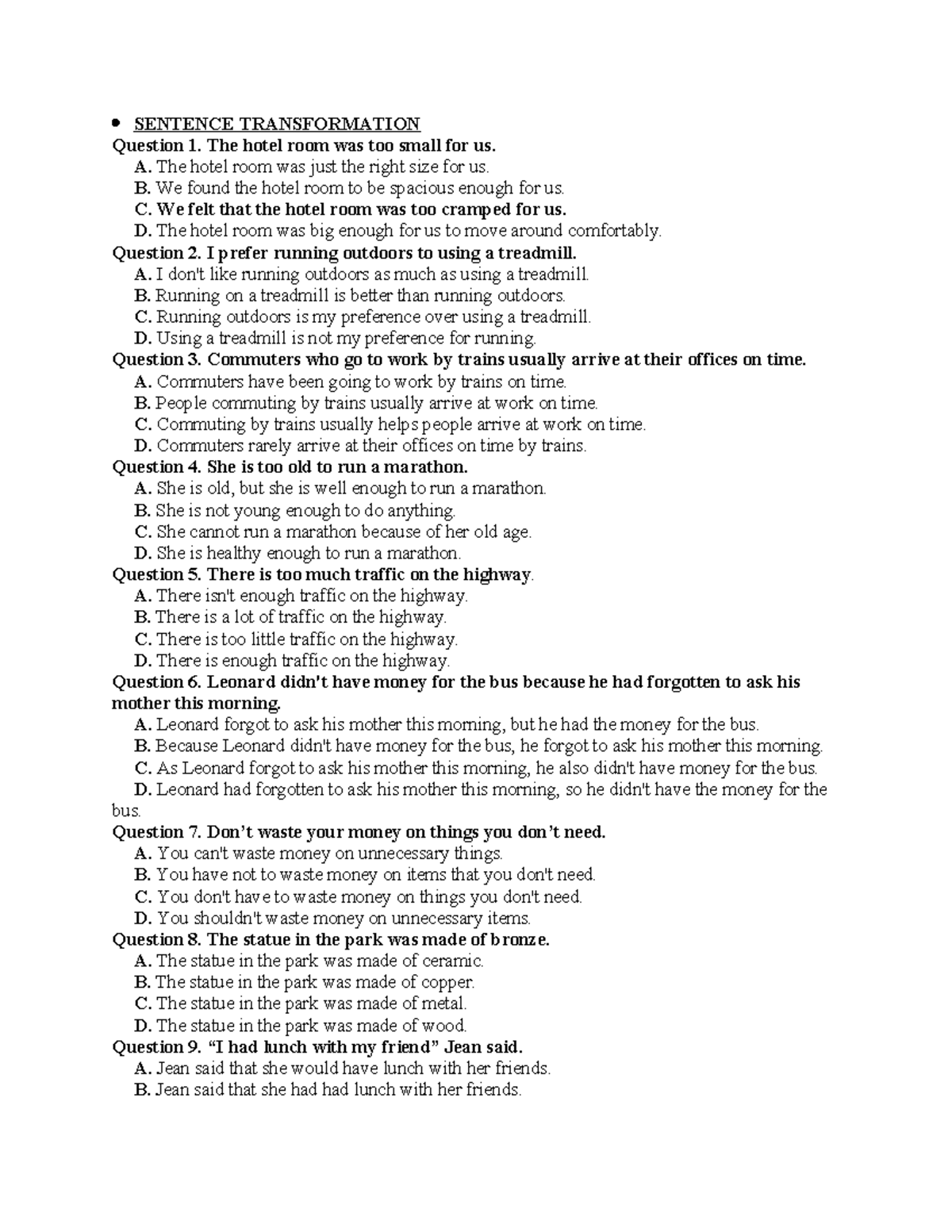 SENTENCE TRANSFORMATION & CLOZE TEST Practice Questions for AVCĐ4 - Studocu