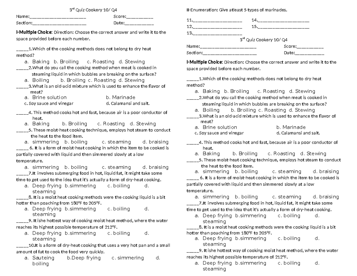 3rd Quiz Cookery 10 - Multiple Choice & Enumeration Questions - Studocu
