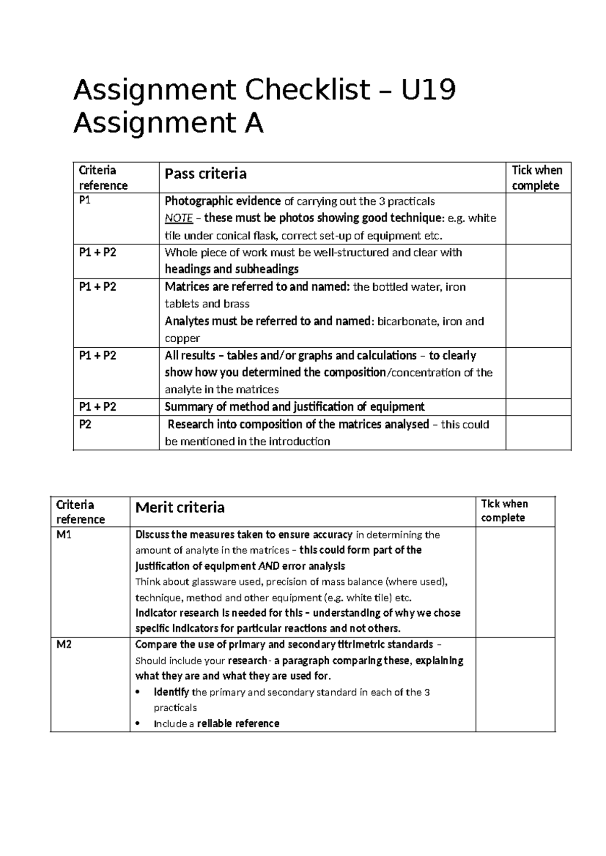 U19 A1 Assignment Checklist: Practical Criteria & Evidence Requirements ...