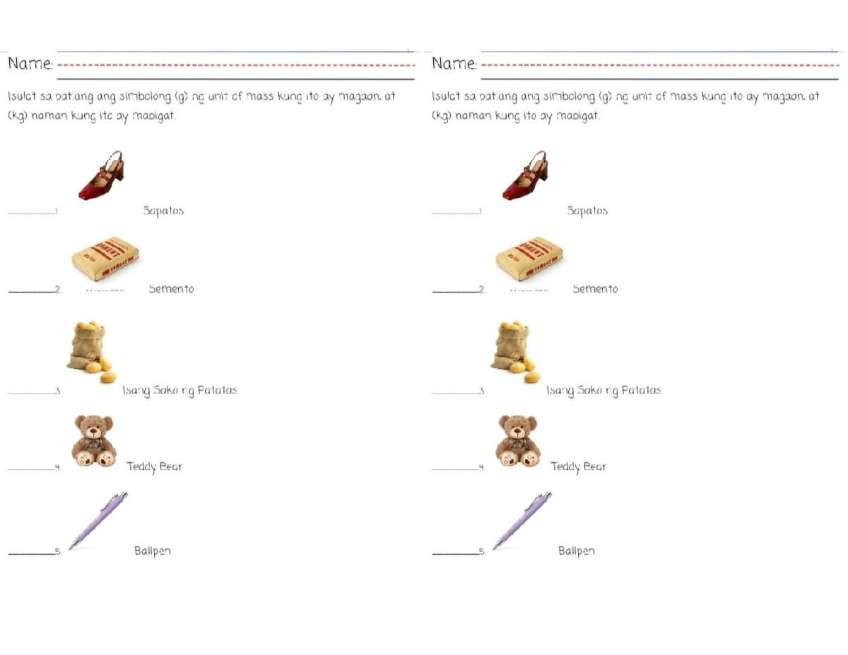 Grade 2 - Worksheet on Mass Units (g and kg) - Studocu