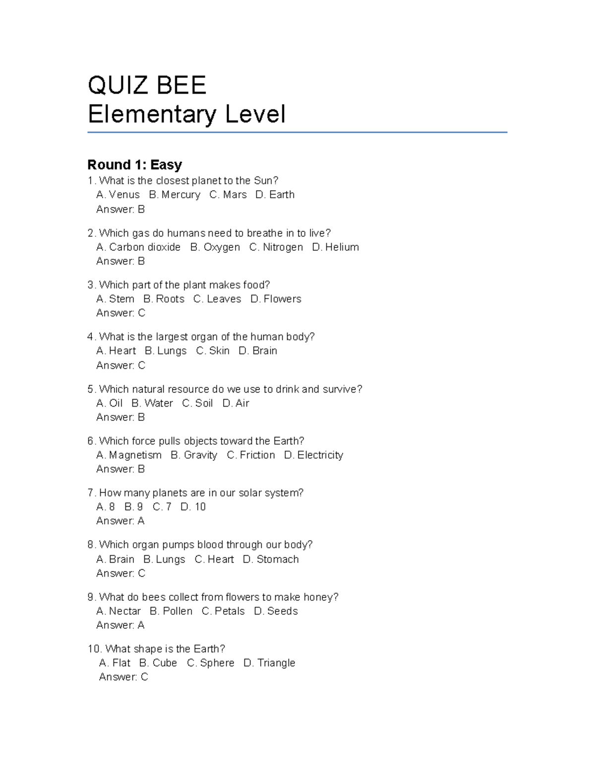 QUIZ BEE Elementary & High School Levels: Rounds 1-3 Questions - Studocu