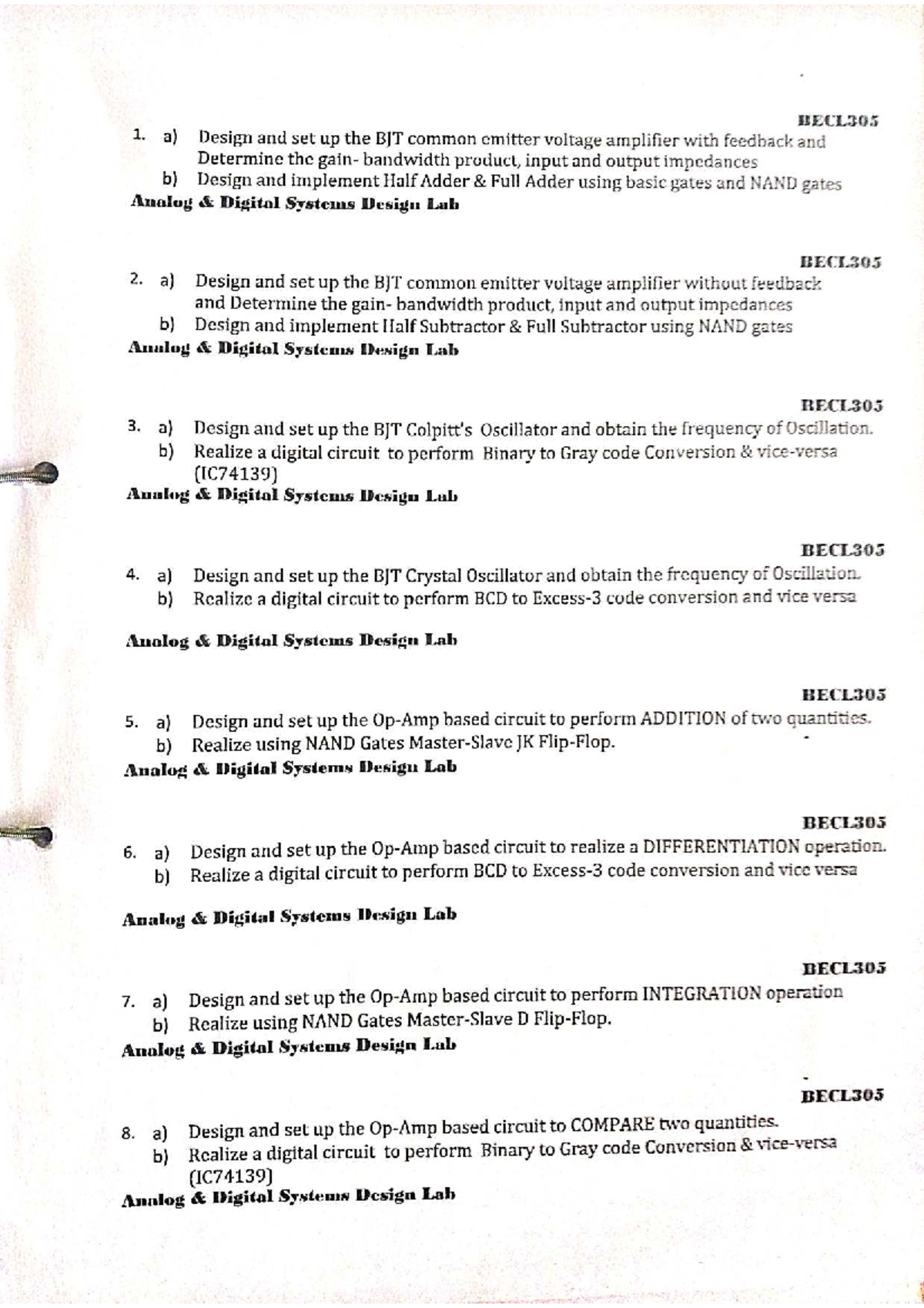 BECL305 Analog & Digital Systems Design Lab Question Bank - Studocu
