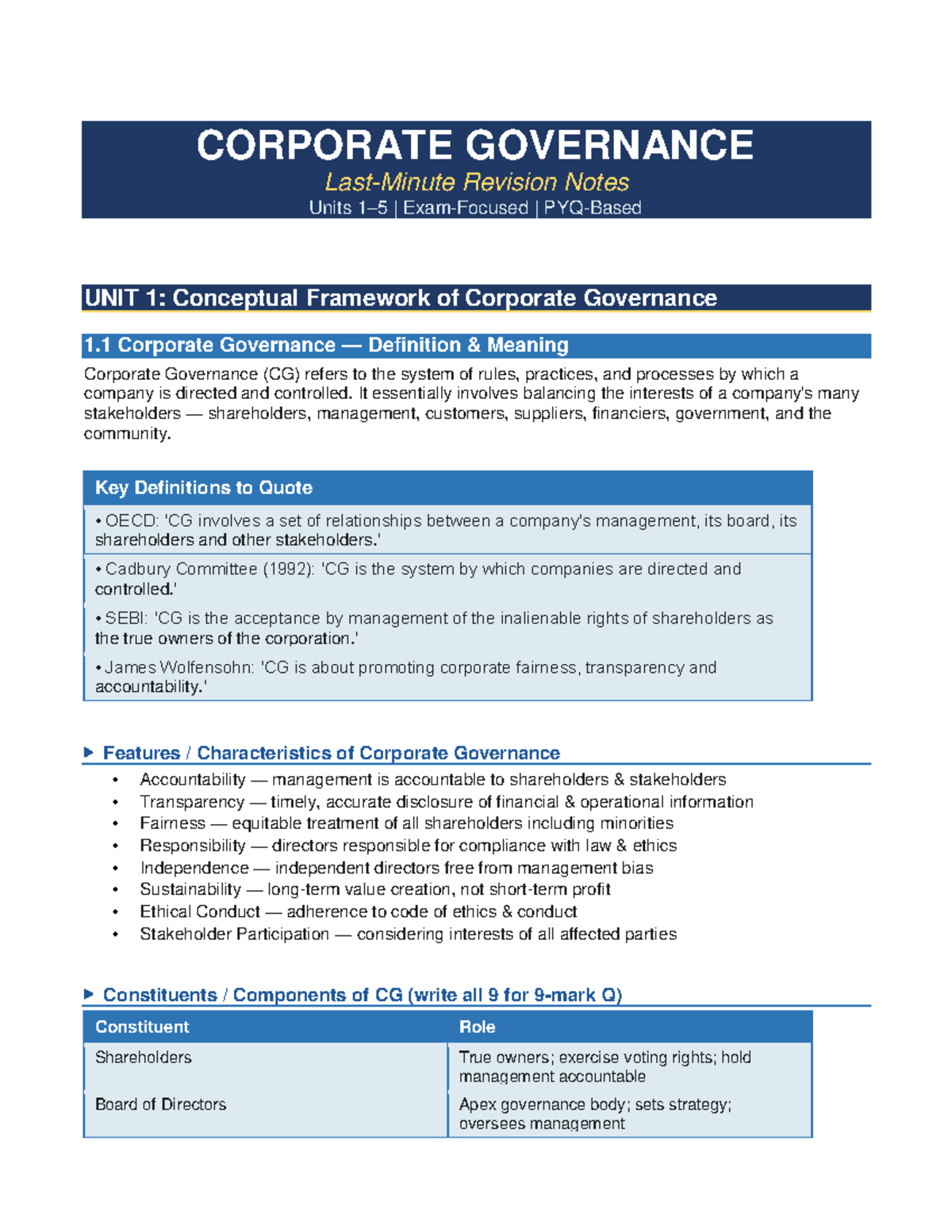 CG Revision Notes: Corporate Governance Framework & Challenges - Studocu