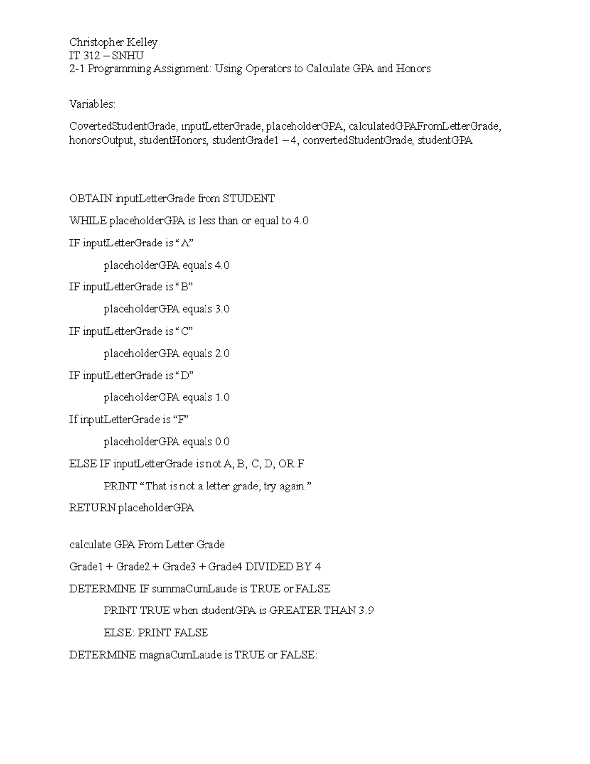 IT 312 - 2-1 Programming Assignment: GPA Calculation in Pseudocode ...