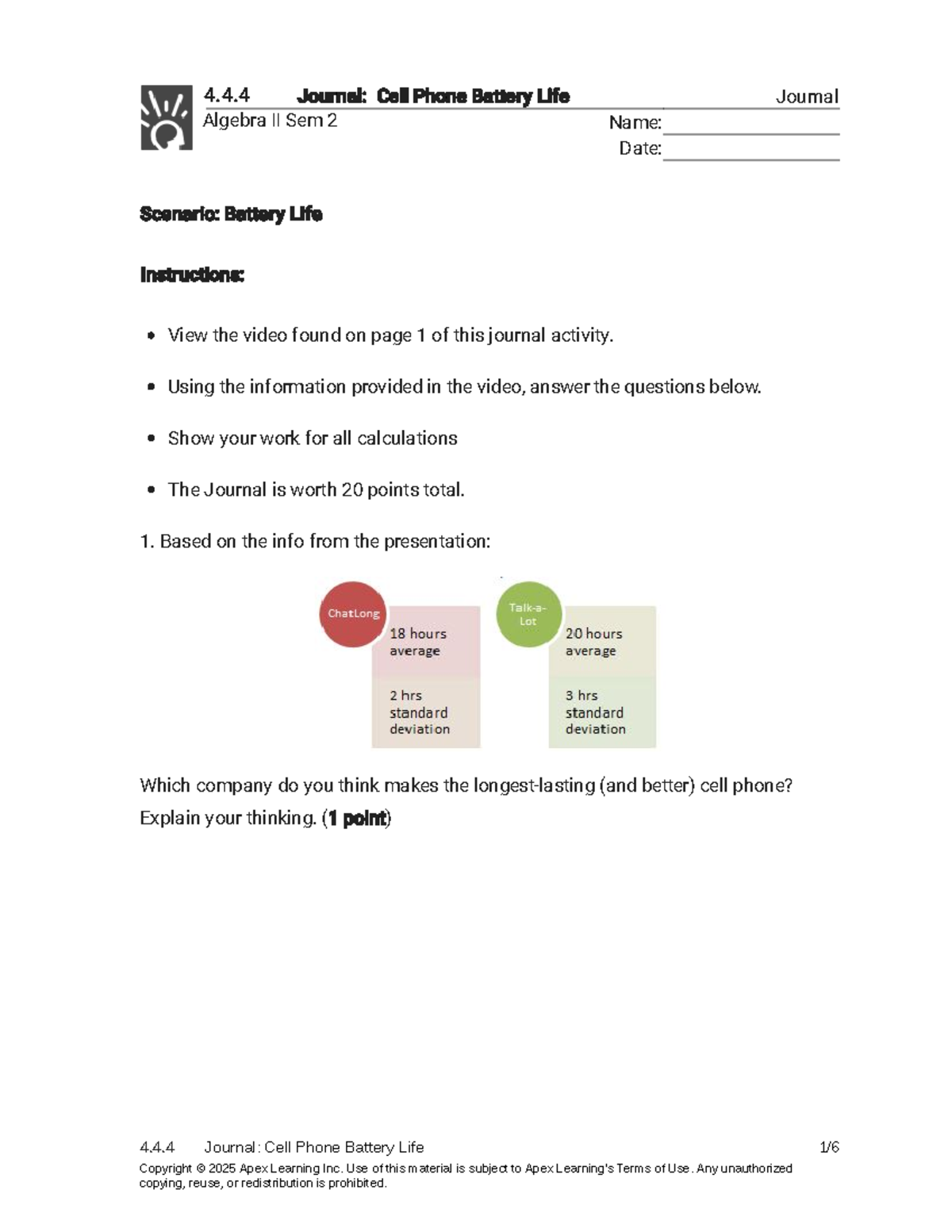 Algebra II Sem 2 Journal - Evaluating Cell Phone Battery Life - Studocu