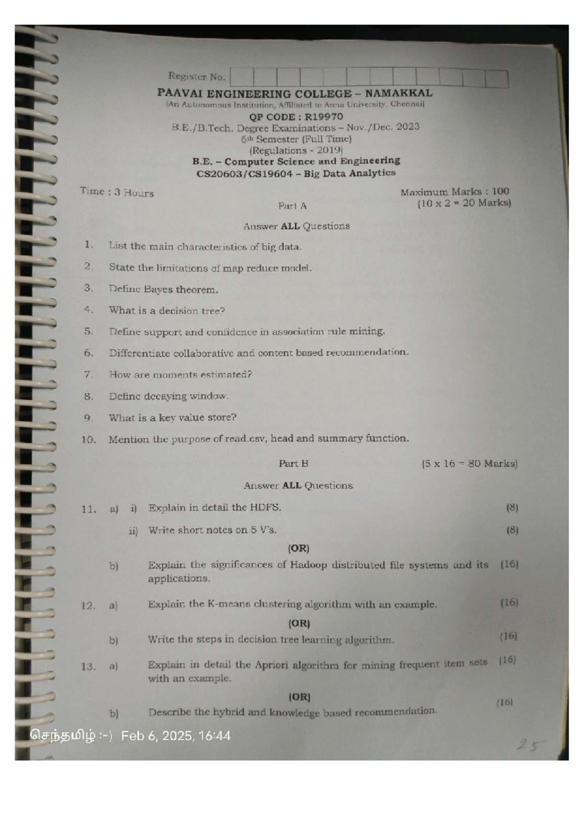 B.E. CSE 6th Sem Big Data Analytics QP R19970 - Exam Questions 2023 - Studocu