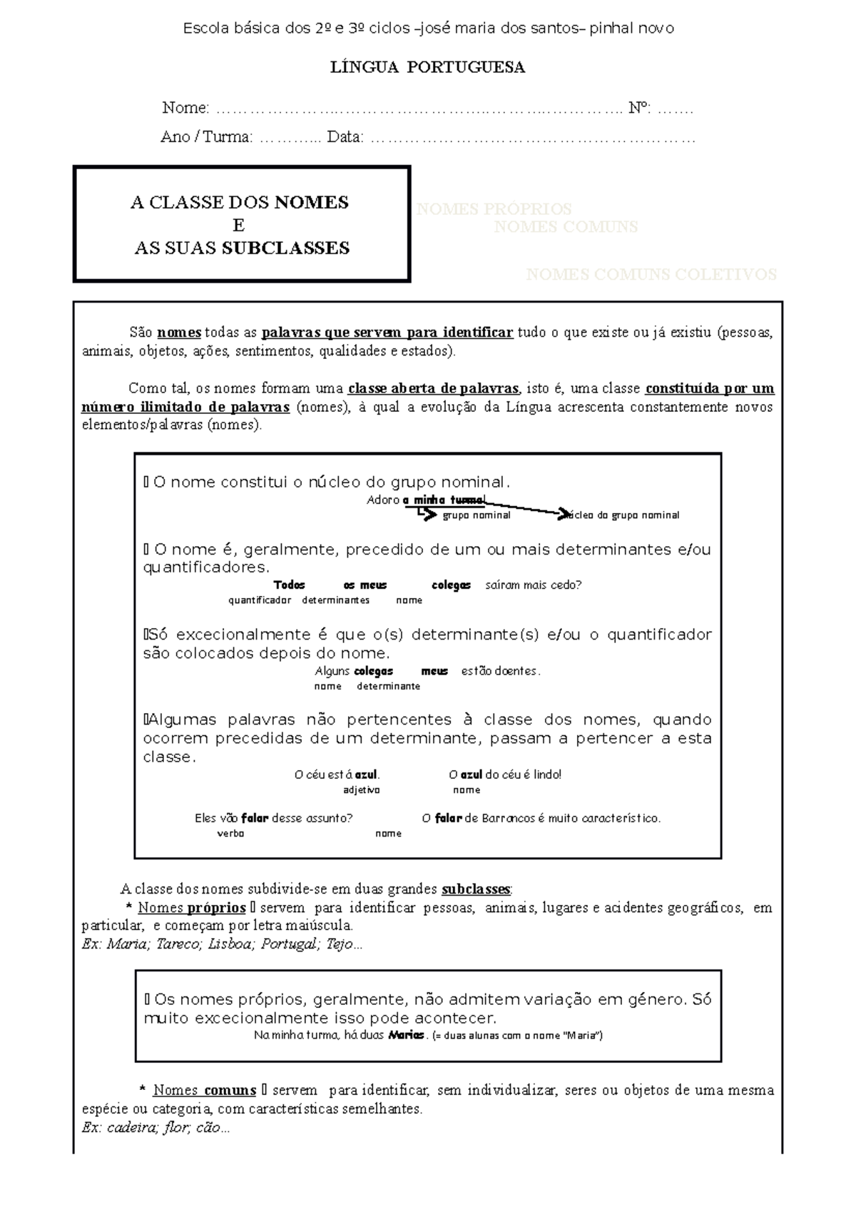 A Classe dos Nomes e Suas Subclasses - LÍNGUA PORTUGUESA - Studocu