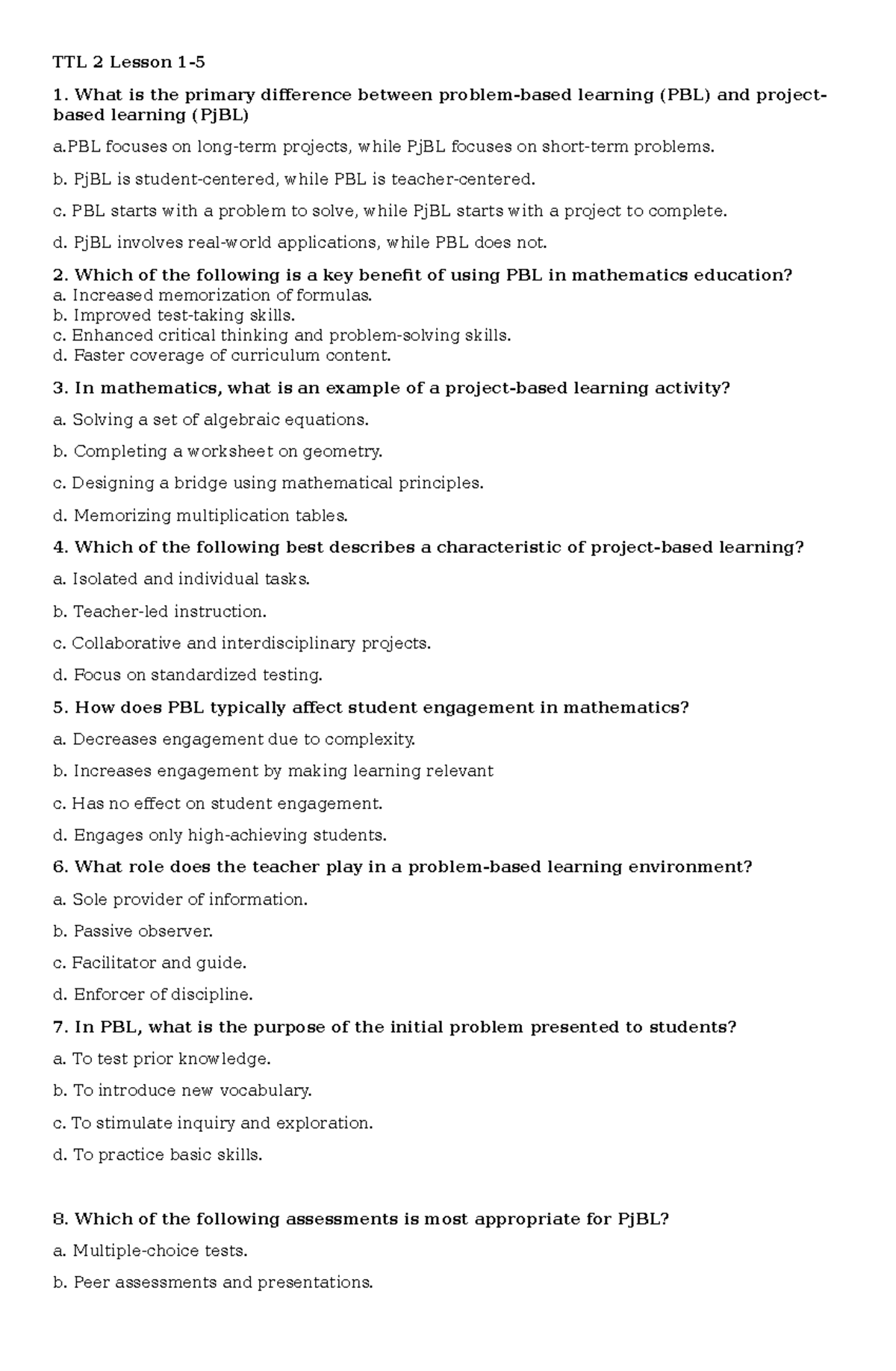 TTL 2 Reviewer - TTL 2 Lesson 1- What is the primary difference between problem-based learning ...