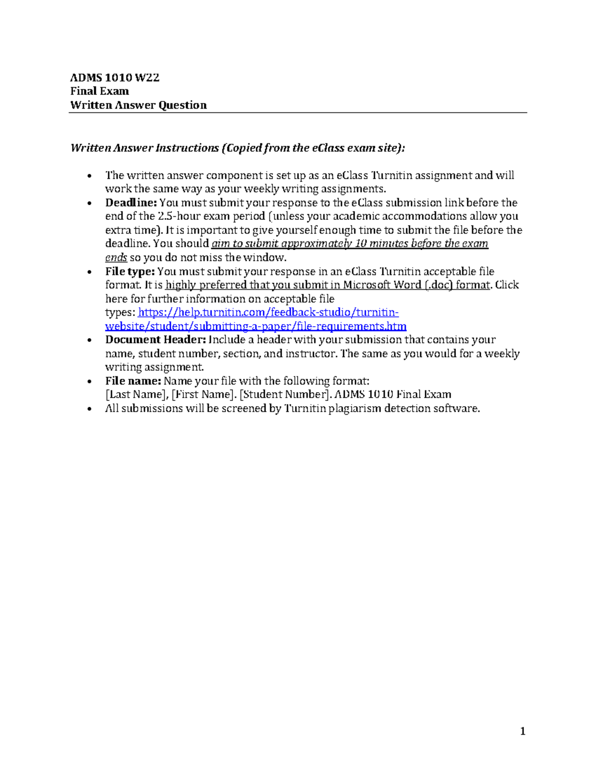 ADMS 1010 W22 Final Exam Questions - ADMS 1010 W Final Exam Written ...