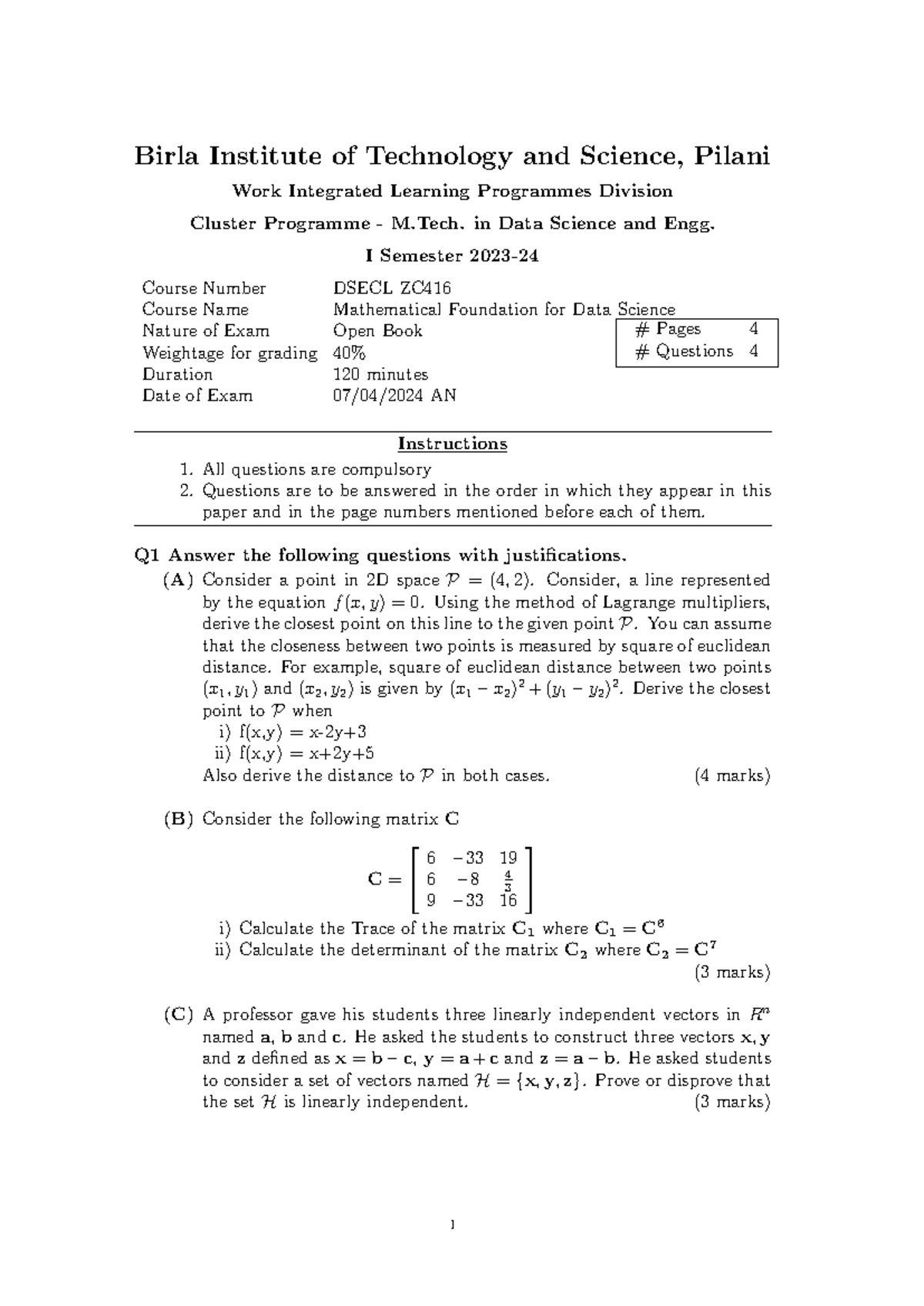 EC3R M.Tech Data Science I Sem Exam Questions and Solutions - Studocu