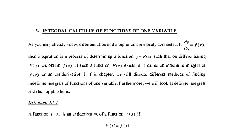 3. Integral Calculus OF Functions OF ONE Variable-1 - INTEGRAL CALCULUS ...