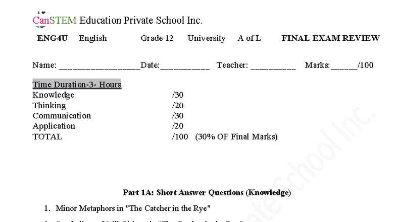 ENG4U English Grade 12 Final Exam Review - CanSTEM Education - Studocu