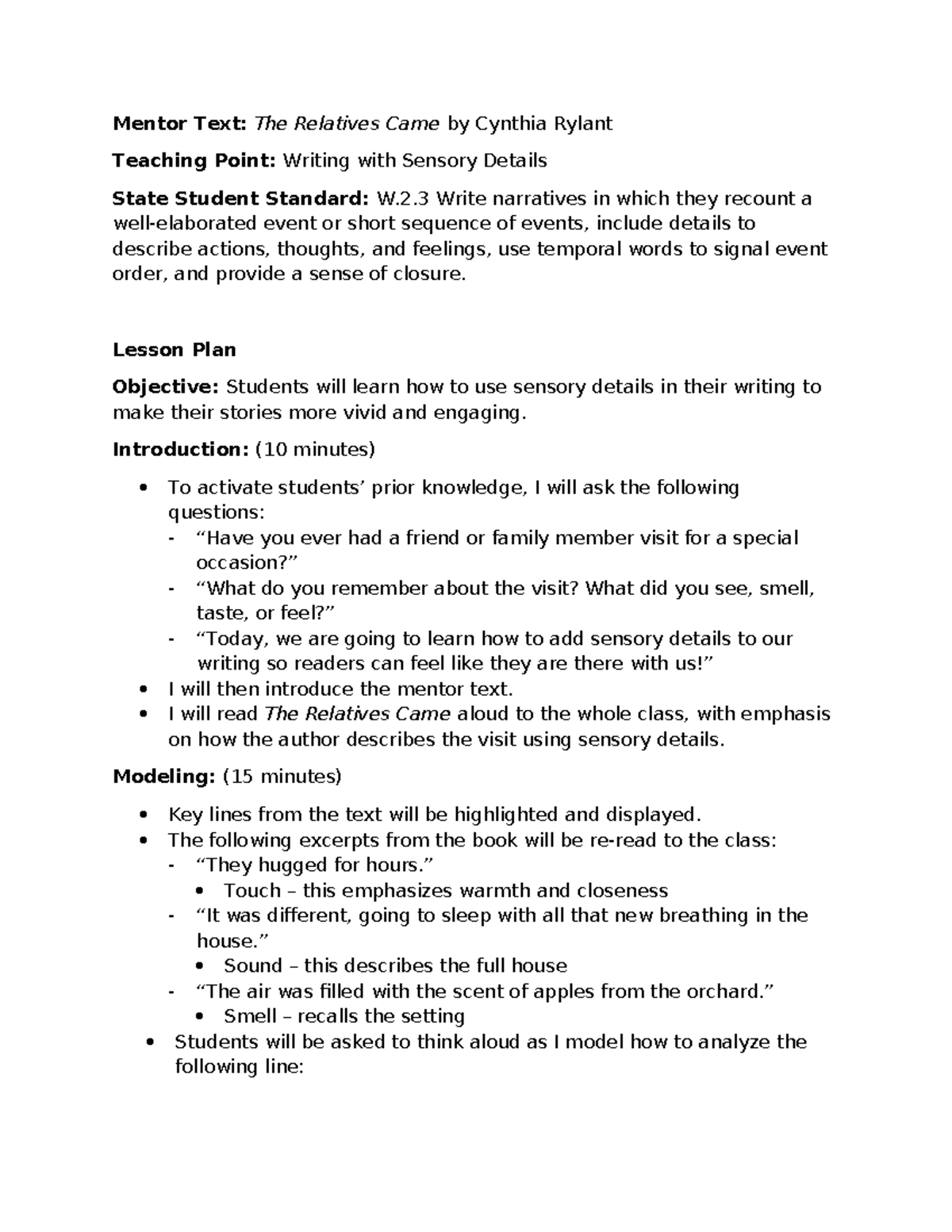 M7 Assign 5 Mentor Text Lesson Plan on Sensory Writing Skills - Studocu