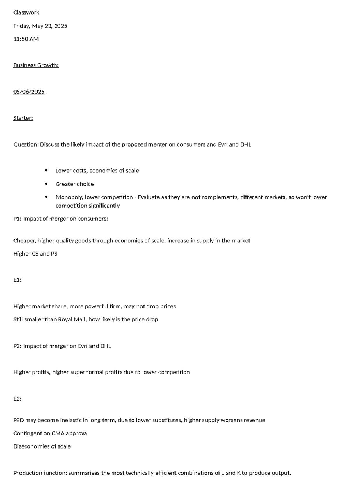 Econ A-Level Notes: Business Growth & Merger Impacts Analysis - Studocu