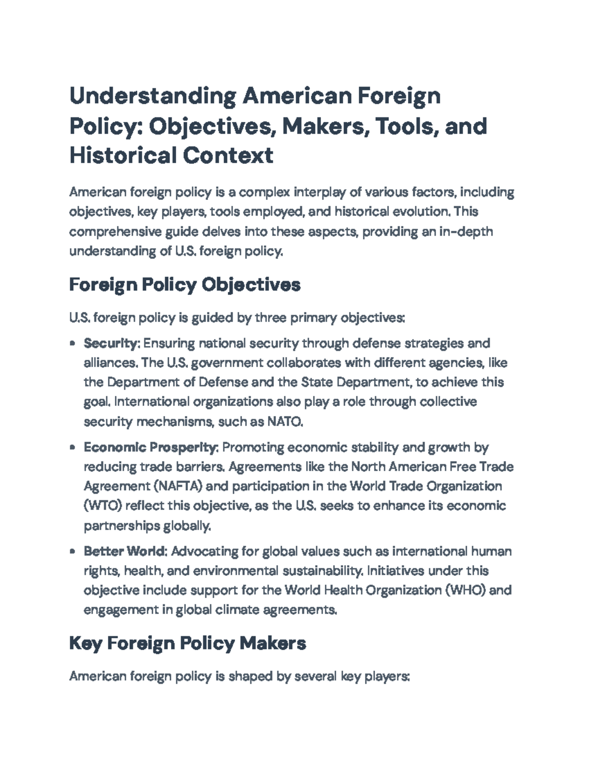 Understanding U.S. Foreign Policy: Objectives, Makers, and Tools ...