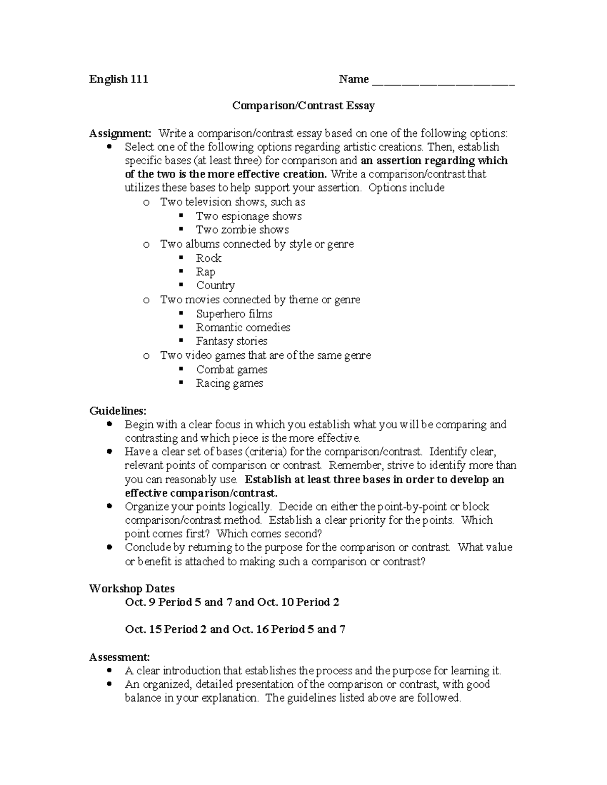 ENG 101: Comparison Contrast Essay Assignment Guidelines - Studocu