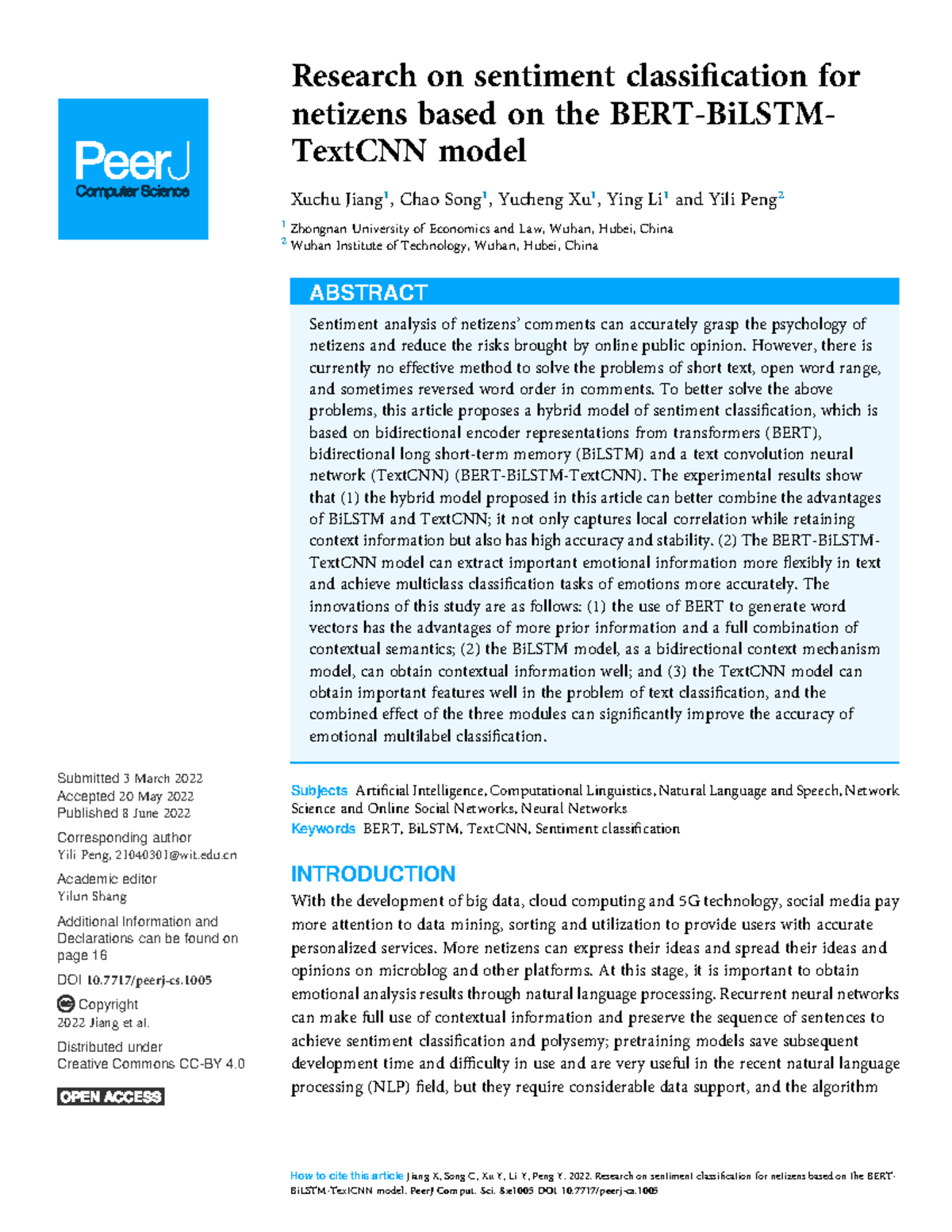 Paper - Research on sentiment classification for netizens based on the BERT-BiLSTM- TextCNN ...