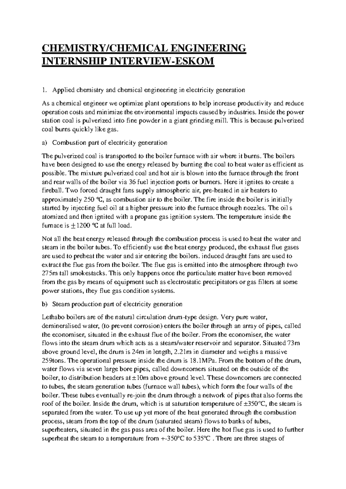 ENGR 101: Electricity Generation Engineering Internship Report - Studocu