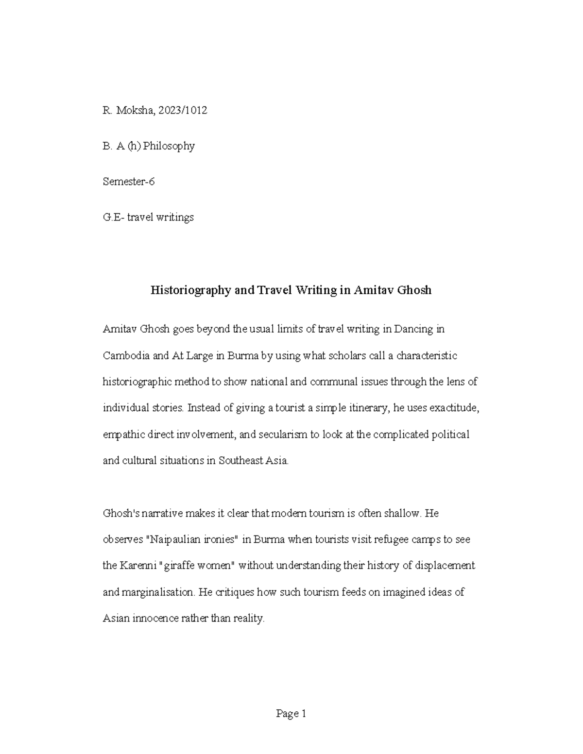 Ghosh Travel Writing Assignment: Historiography in Southeast Asia - Studocu