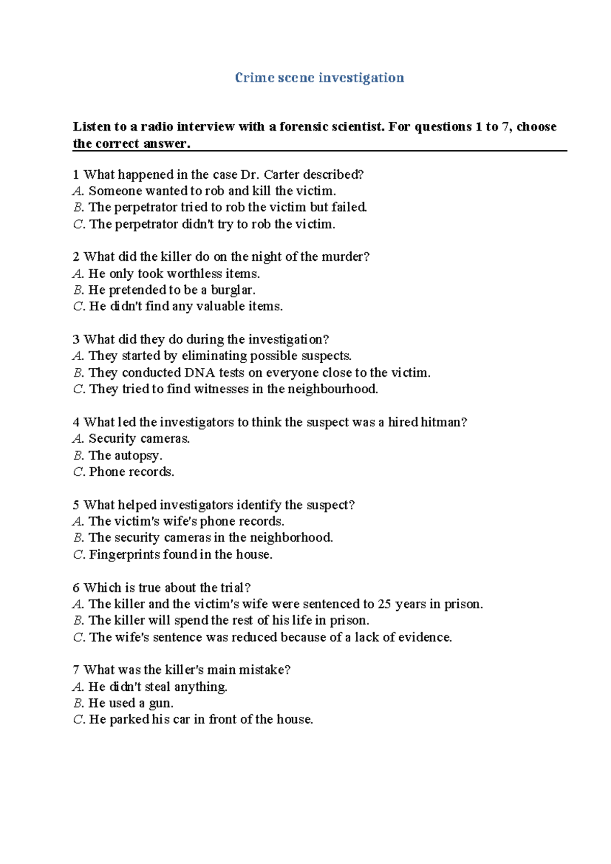 Forensic Science Case Study: Crime Scene Investigation 1 - Studocu