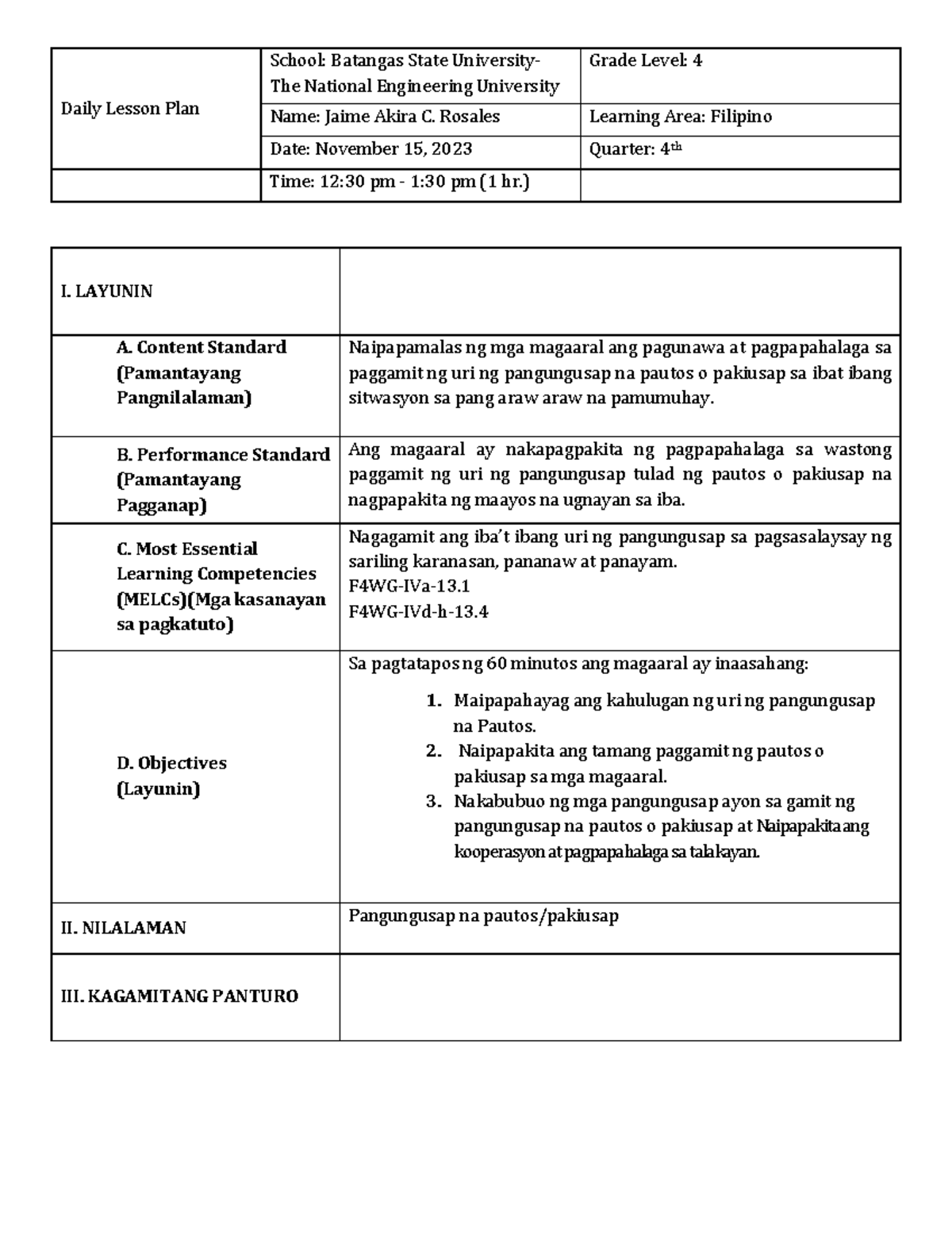 Banghay Aralin sa Filipino 4: Pautos at Pakiusap (Q4, F4WG-IVa-13 ...