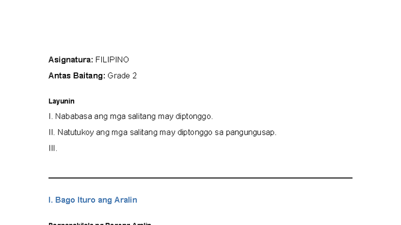 Lesson Plan: Diptonggo sa Filipino Antas Baitang 2 - Studocu