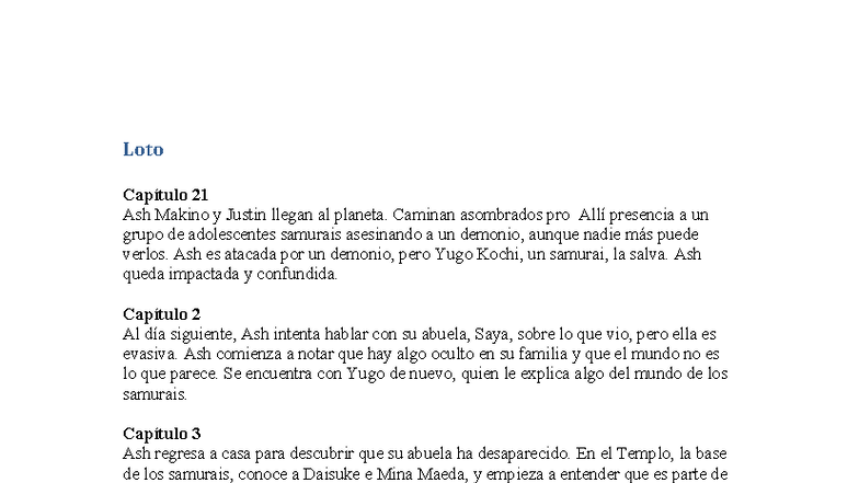Loto - Esquema del Libro 1: Capítulos y Personajes Clave - Studocu