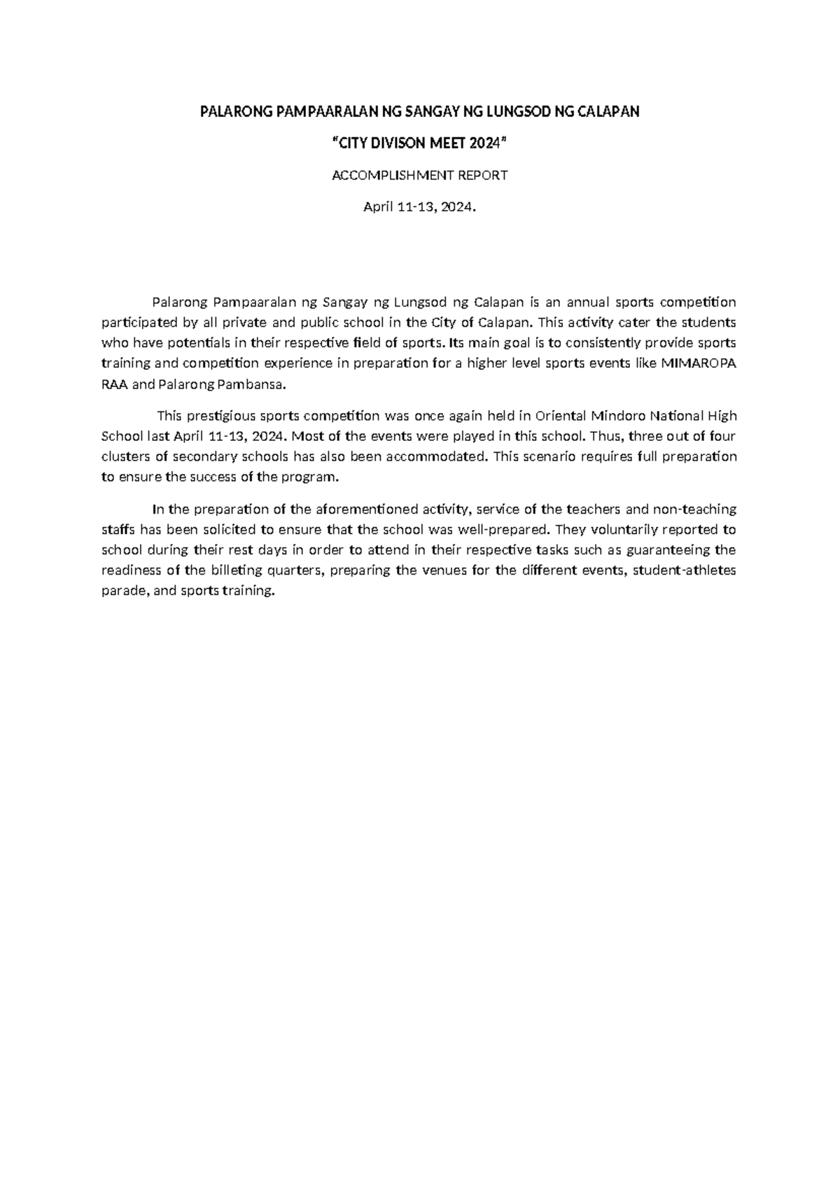 Narrative Report: City Division Meet 2024 Accomplishments - Studocu