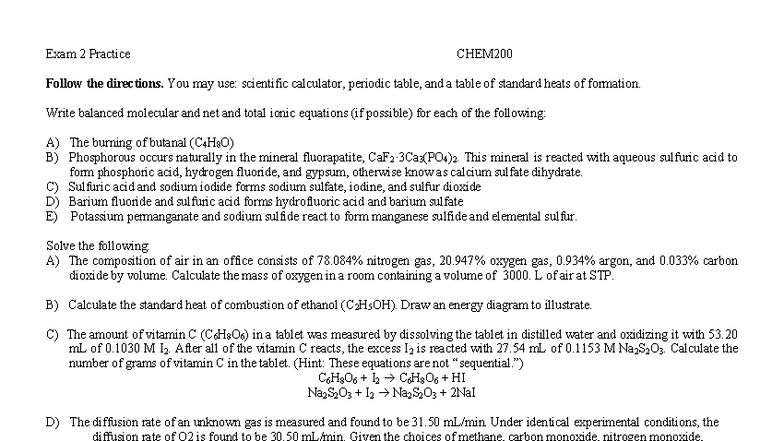 Chem 200 Exam 2 Practice: Equations & Calculations Guide - Studocu
