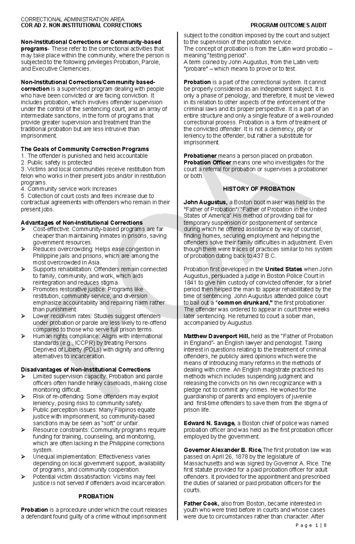 CA 2 - Community Corrections: Probation and Parole Overview - Studocu