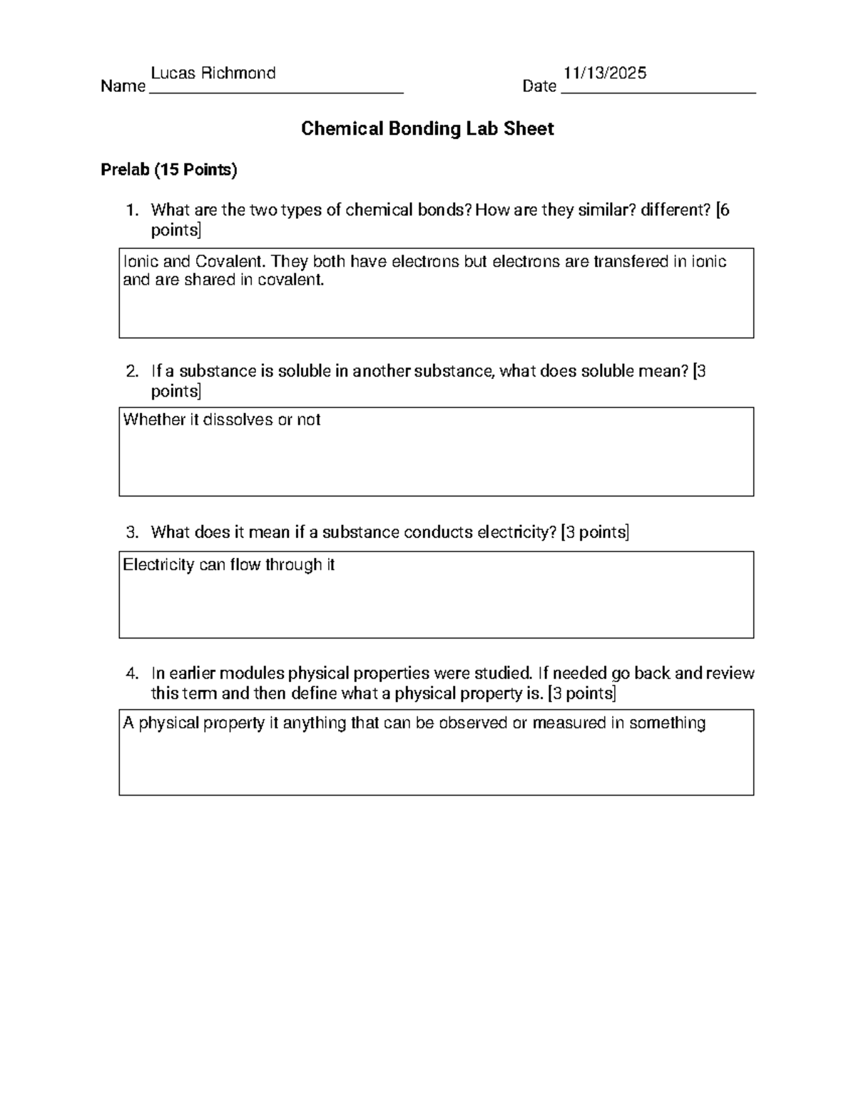 Chemical Bonding Lab Sheet Prelab (Chem 101) - Ionic vs Covalent ...