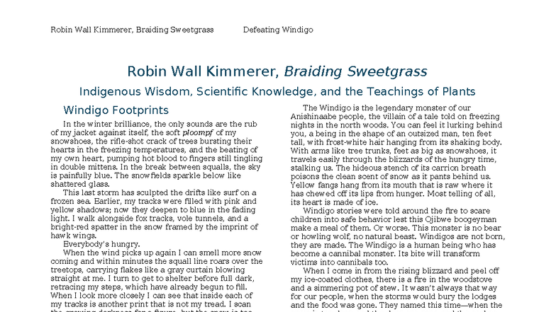 Reading 10: Kimmerer on Windigo and Indigenous Wisdom in Braiding ...
