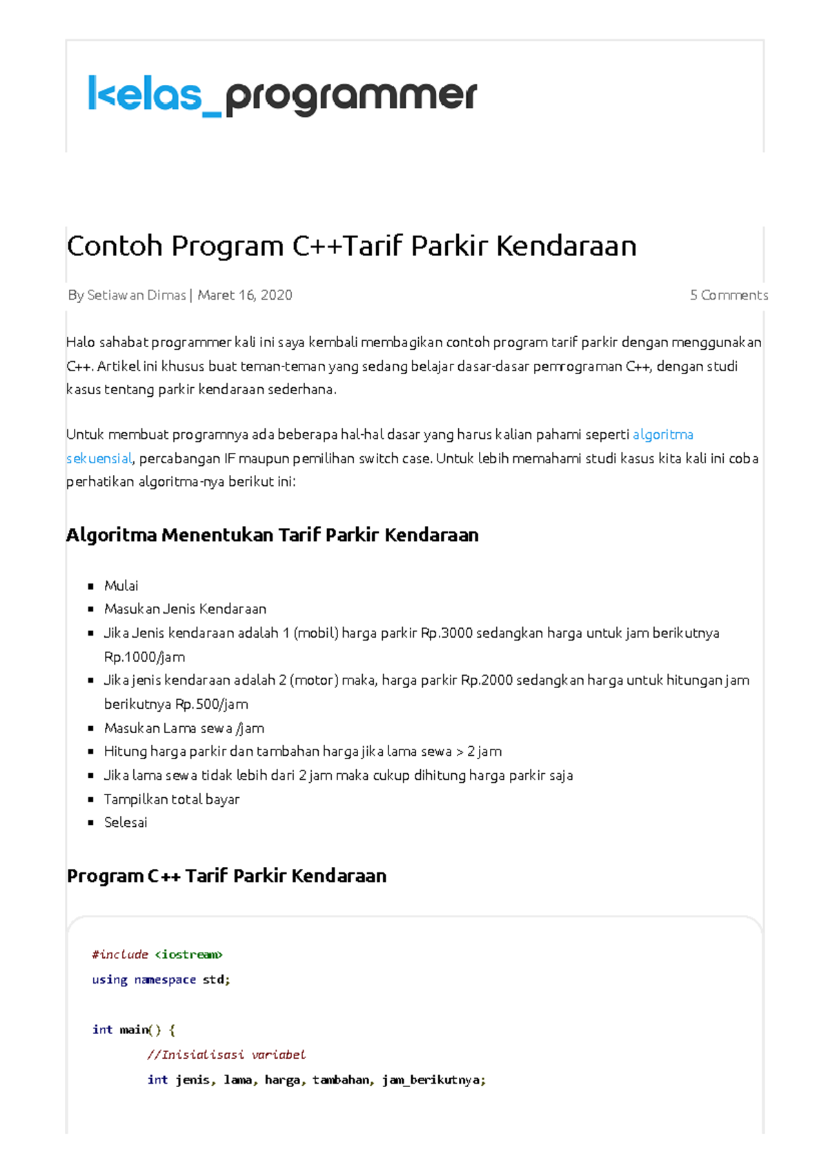 Contoh Program C++ Kode Tarif Parkir Kendaraan Kelas Programmer - Studocu