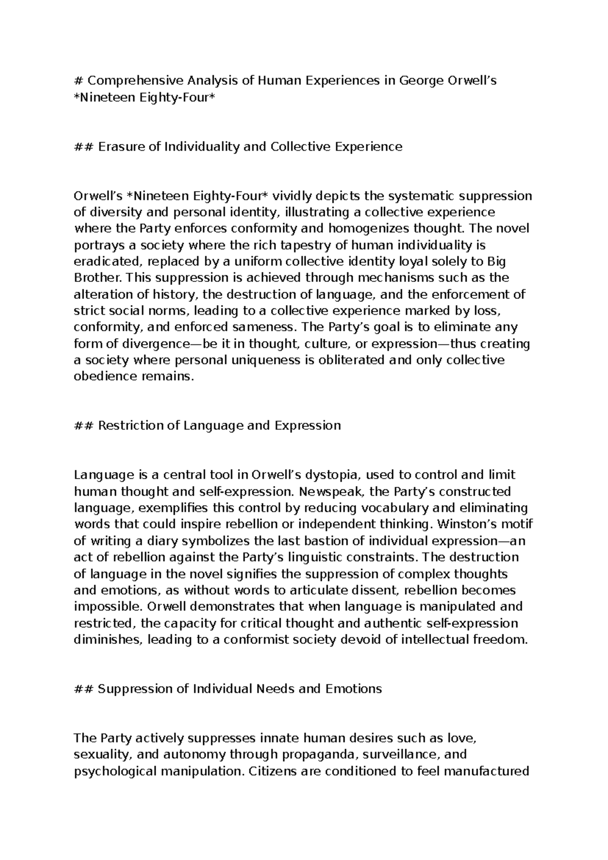Comprehensive Analysis of Human Experiences in Orwell’s *Nineteen ...