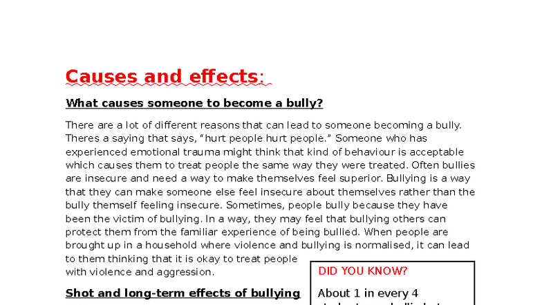Causes and Effects of Bullying: Understanding the Cycle of Harm - Studocu