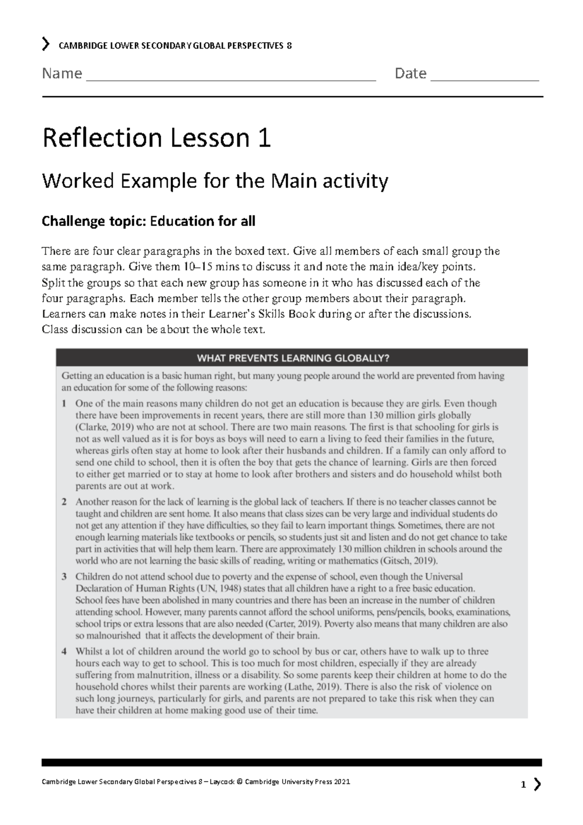 CAMBRIDGE LOWER SECONDARY GLOBAL PERSPECTIVES 8 Reflection Lesson 1 ...
