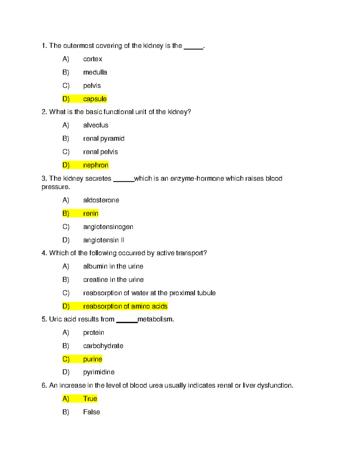 Urinary System Exercises (BIO 101) - Quiz and Review Notes - Studocu