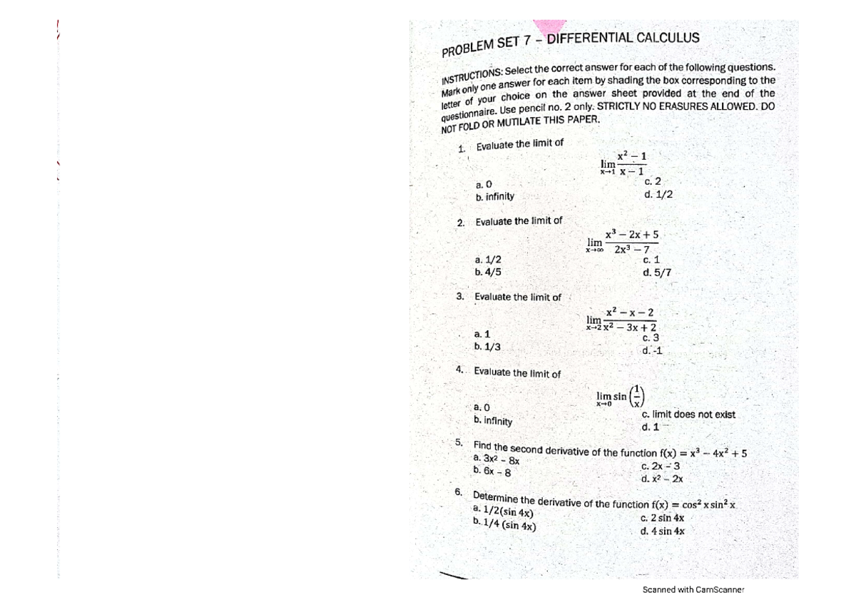 Differential Calculus Problems - PROBLEM SET 7 DIFFERENTIAL CALCULUS ...