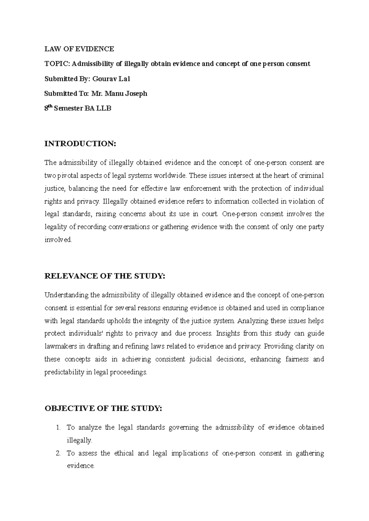 LAW OF EVIDENCE: Admissibility of Illegally Obtained Evidence & Consent ...
